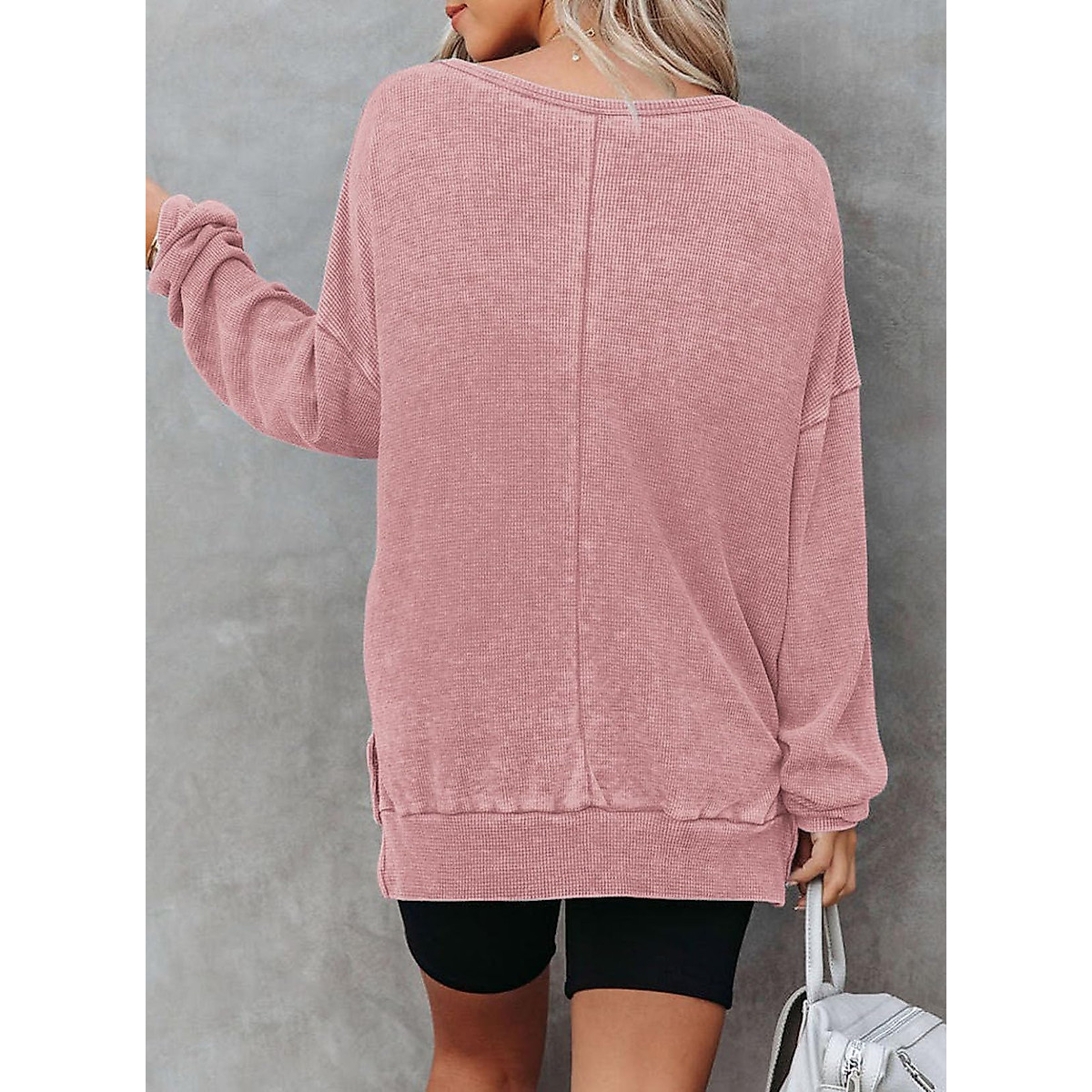 Dokotoo Womens Waffle Knit Oversized Crewneck Sweatshirt for Women Trendy Side Split Long Sleeve Pullover High Low Slouchy Fit Casual Cute Sweatshirts Tops Fall Outfits Clothes 2024 Pink Medium