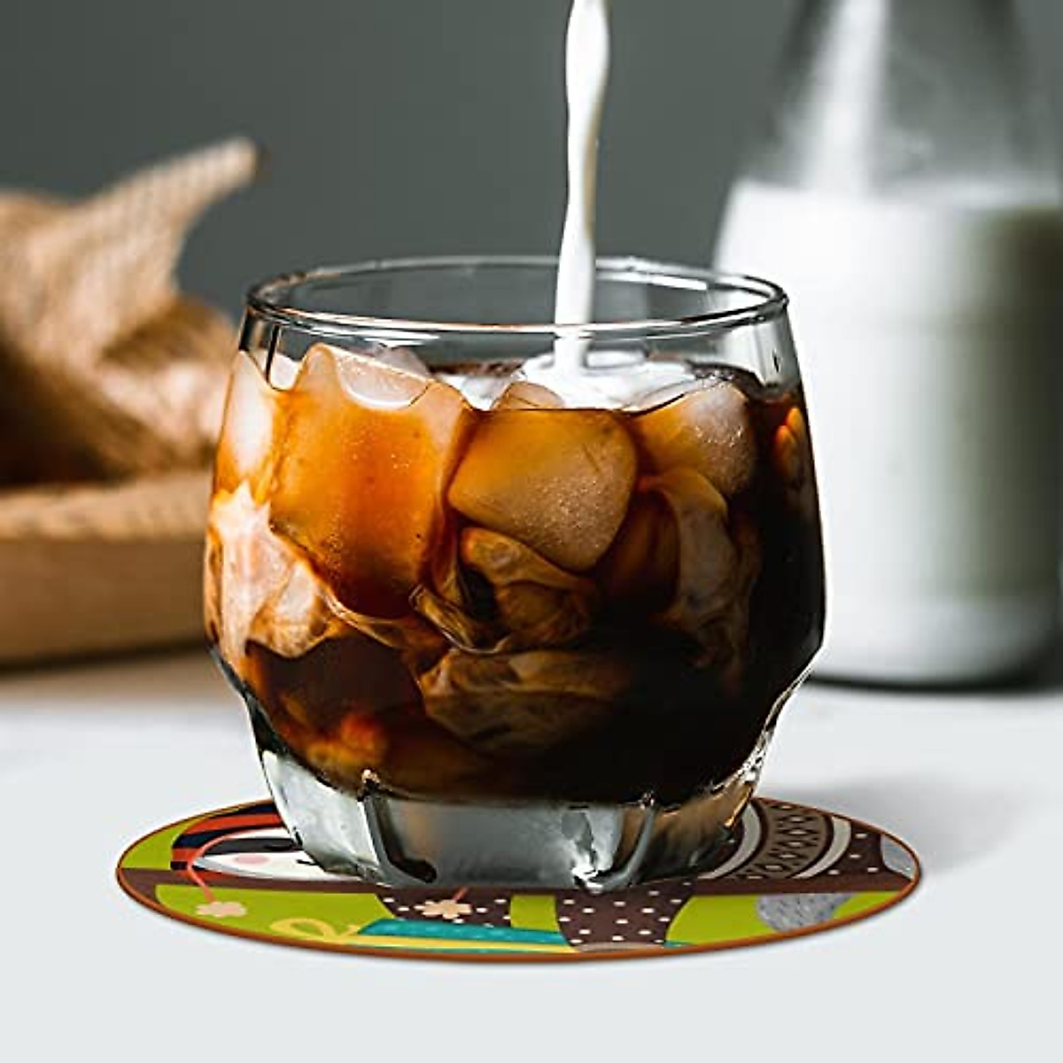 Coasters for Drinks Sleepy Sloth with Hat Leather Round Mug Cup Pad Mat for Protect Furniture, Heat Resistant, Kitchen Bar Decor, Set of 6