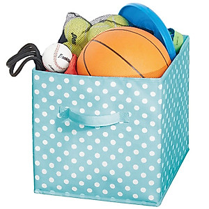 mDesign Soft Fabric Closet Storage Organizer Cube Bin Box, Handle - Storage for Baby Child/Kids Room, Nursery, Toy Room, Furniture Units, Shelf, 4 Pack - Turquoise/White Polka Dots