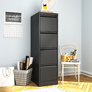 VIYET 4 Drawer File Cabinet, Metal Vertical File Cabinets with Lock for Home Office, Heavy Duty Office Steel Filing Cabinet for Hanging Files for A4/ Legal/Letter,Assembly Required (Black)