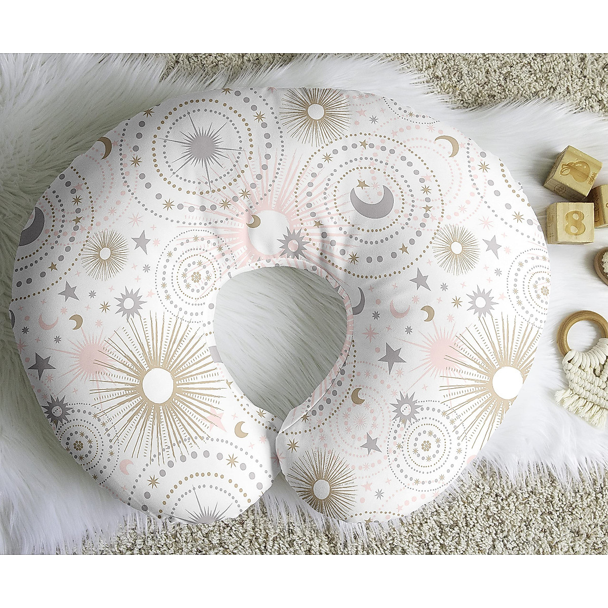 Sweet Jojo Designs Star and Moon Nursing Pillow Cover Breastfeeding Pillowcase for Newborn Infant Bottle or Breast Feeding (Pillow NOT Included) - Blush Pink Gold and Grey Celestial Sky Stars