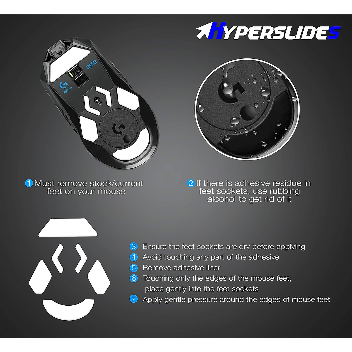 HYPERSLIDES 2Sets Rounded Curved Edges Mouse Feet, Skates, Pads for Logitech G903 Lightspeed, G903 Hero Gaming Mouse Feet Replacement (0.8mm, Smooth Glide, Pure White PTFE) Pro Performance Upgrade