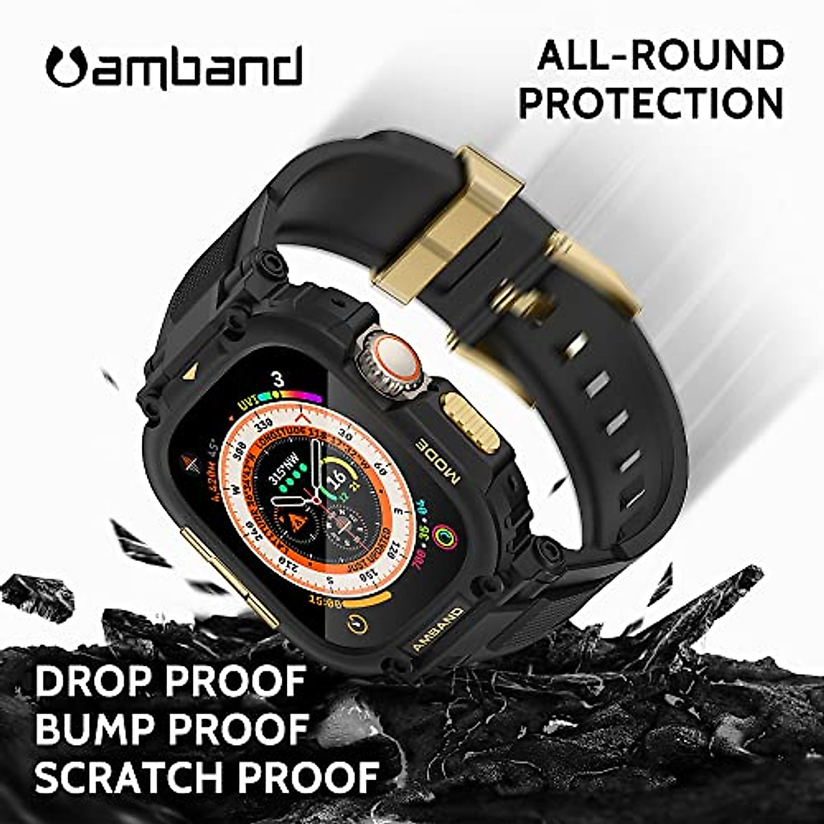 amBand Bands Case Screen Protector Compatible with Apple Watch Ultra 49mm, M1 Sport Series Rugged Cover Strap and 2 Pack Tempered Glass Film, Military Protective Bumper for iWatch 49 mm Men Black Gold