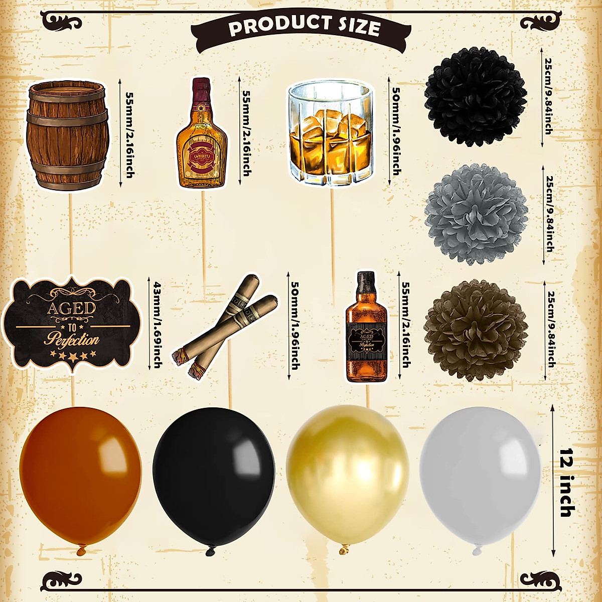 BORAMDO Whiskey Birthday Party Decorations for Men, Aged to Perfection Party Supplies including Whiskey Birthday Banner, Cake Toppers, Whiskey Foil Balloons, Tissue Paper Flowers (brown)
