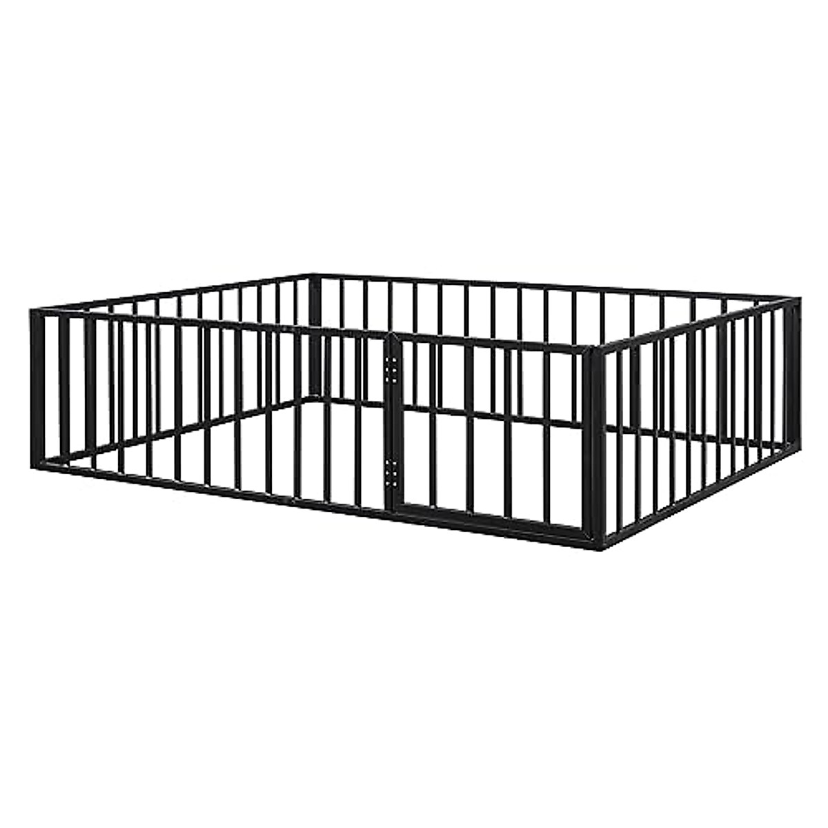 SIYSNKSI Queen Size Floor Bed with Fence and Door, Metal Floor Bed Frame, Montessori Bed Platform Bed Frame for Kids Boys Girls, Easy Assembly (Black + Metal-1)