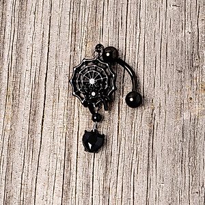 Body Candy Black Plated Steel Navel Ring Piercing Black Heart Spiderweb Reversible Dangle Belly Button Ring