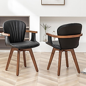 LUNLING Swivel Dining Room Chairs Set of 2, Mid Century Modern Black Faux Leather Kitchen Chairs with Arms,Bamboo Legs Side Chairs No Wheels,Accent Chair for Dining Rooms and Offices