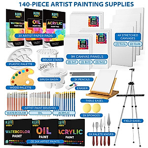 KEFF Large Super Deluxe Artists Painting Set - Professional Art Paint Kit Supplies for Adults and Kids with Acrylic, Watercolor & Oil Paints, Field & Table Easel, Canvases, Brushes and More