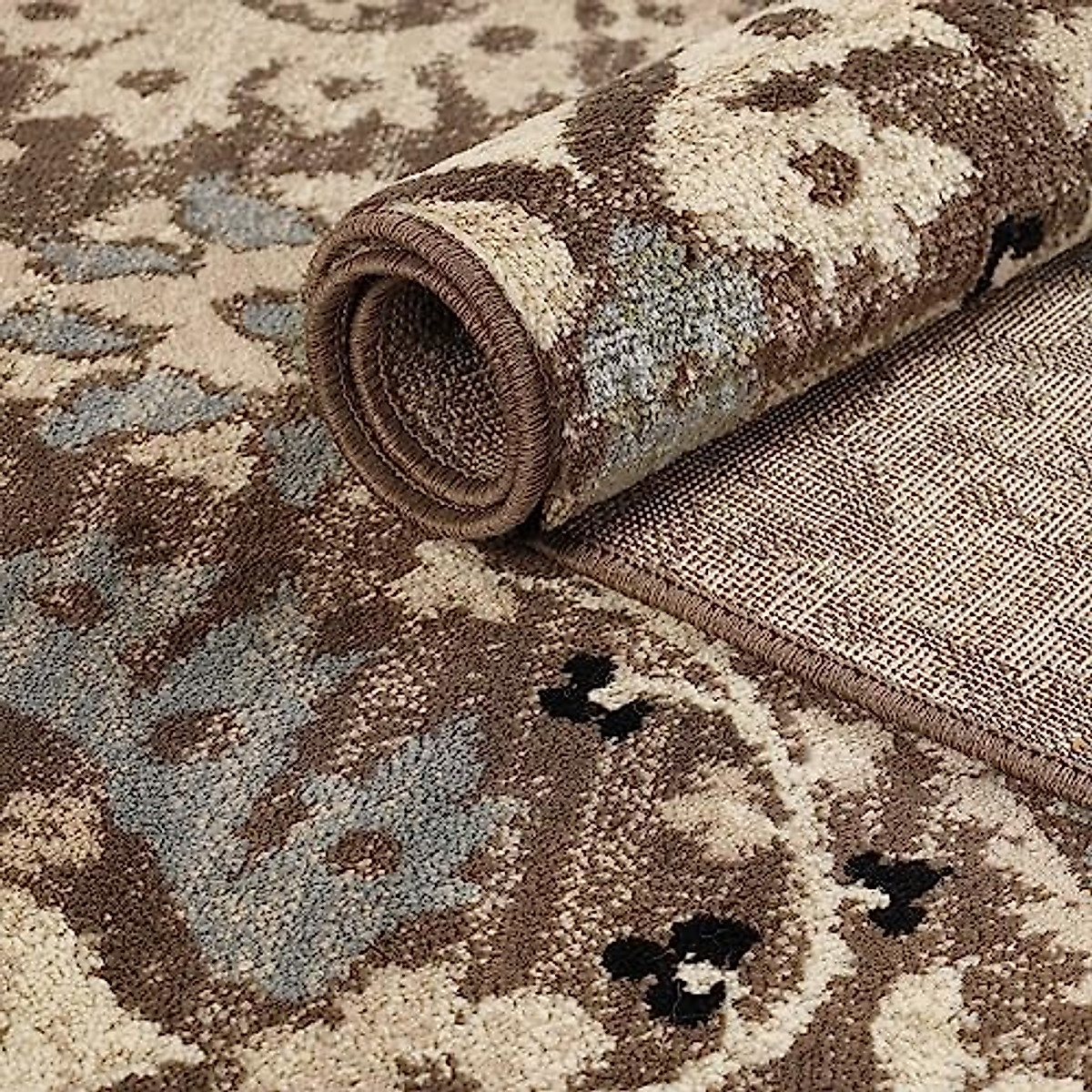 BLUENILEMILLS Blue Nile Mills: Modern Oriental Floral Damask Area Rug with Jute Backing, Light Blue, 7' x 9'