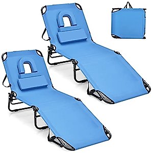 GYMAX Tanning Chair, 350lbs Beach Lounge Chair with Face Hole, Detachable Washable Pillow & Carry Strap, Adjustable Folding Chaise Lounge, Layout Chair for Outside, Patio, Poolside, Lawn (2, Blue)