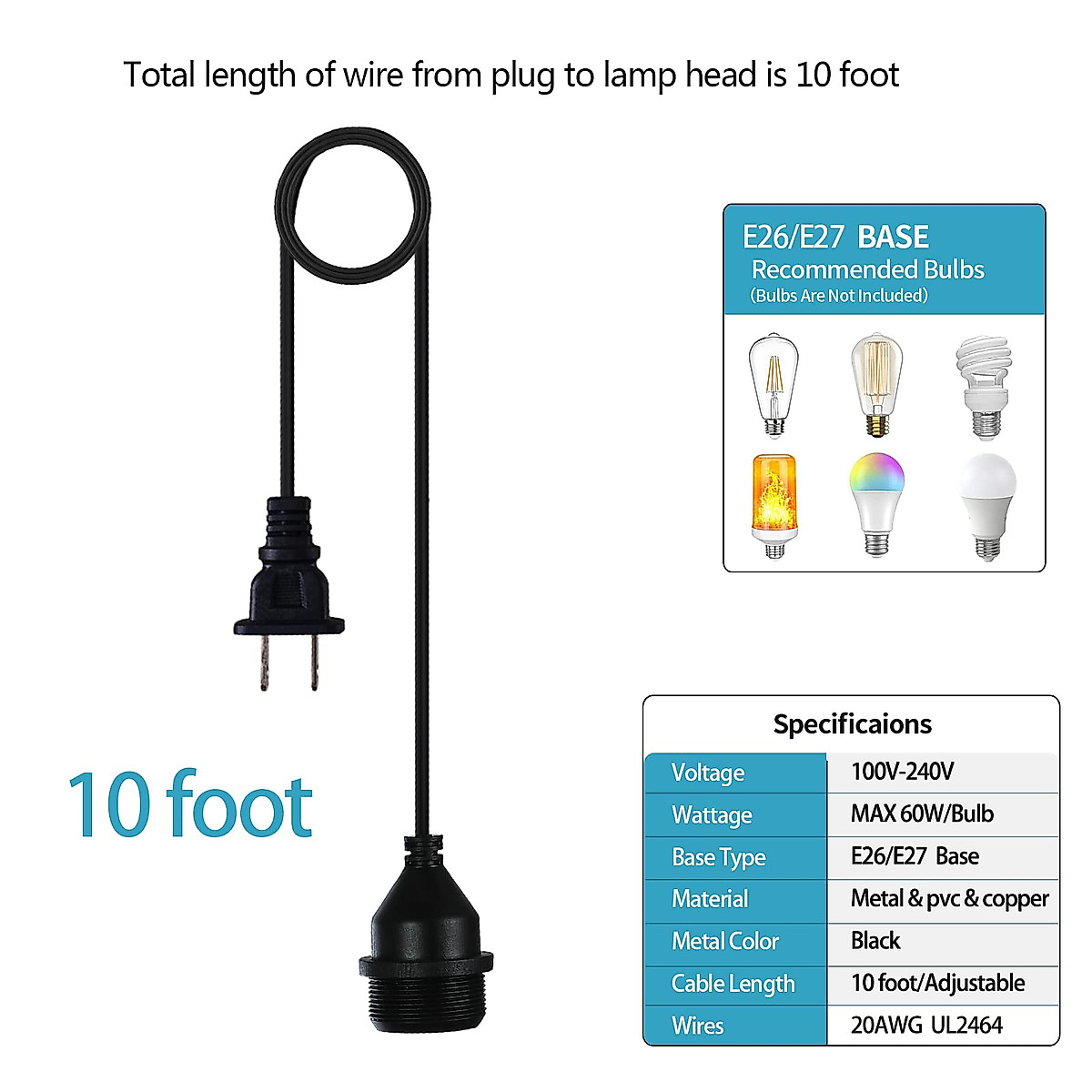 10Foot With Wire Electric Light Socket Waterproof Plug Light Outdoor Plug Light E26/E27 Socket With Wire Electric Light Socket Temporary Building Lighting Waterproof Socket With Wire Electric 6017