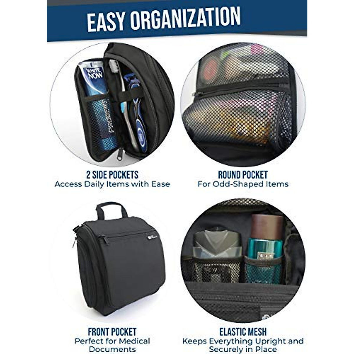 D&D Hanging Travel Toiletry Bag for Men and Women – Cosmetics, Makeup and Toiletries Organizer Kit with 10 Compartments, YKK Zippers, XXL Metal Swivel Hook, Water-Resistant Nylon