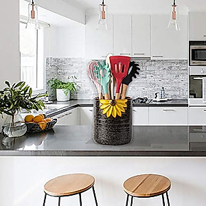 Utensil Crock, Kitchen Utensil Holder, Ceramic Utensil Holder for Countertop, Cooking Utensil Holder for Kitchen Sunflower Decor Large Kitchen Spatula Holder