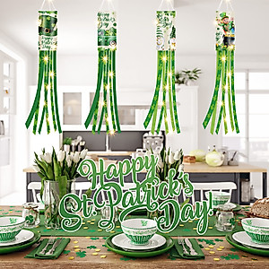 4 Pieces St. Patrick's Day Windsock with LED Light String 40 Inch Green Shamrock Truck Gnome Hat Pattern Windsock Happy St. Patrick's Day Outdoor Hanging Windsocks and Flags Wind Sock for Yard Decor