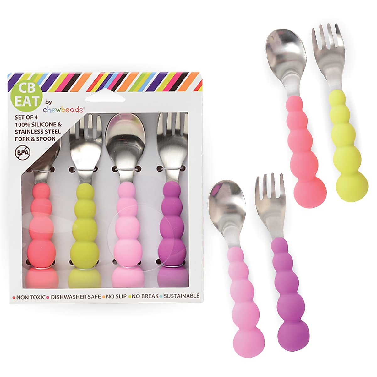 Chewbeads - Toddler Utensils Set - 4 Piece Baby, Kid or Toddler Silverware Set - Toddler Spoons and Forks Flatware - 100% Safe, BPA Free & Phthalate Free (Pink/Purple)