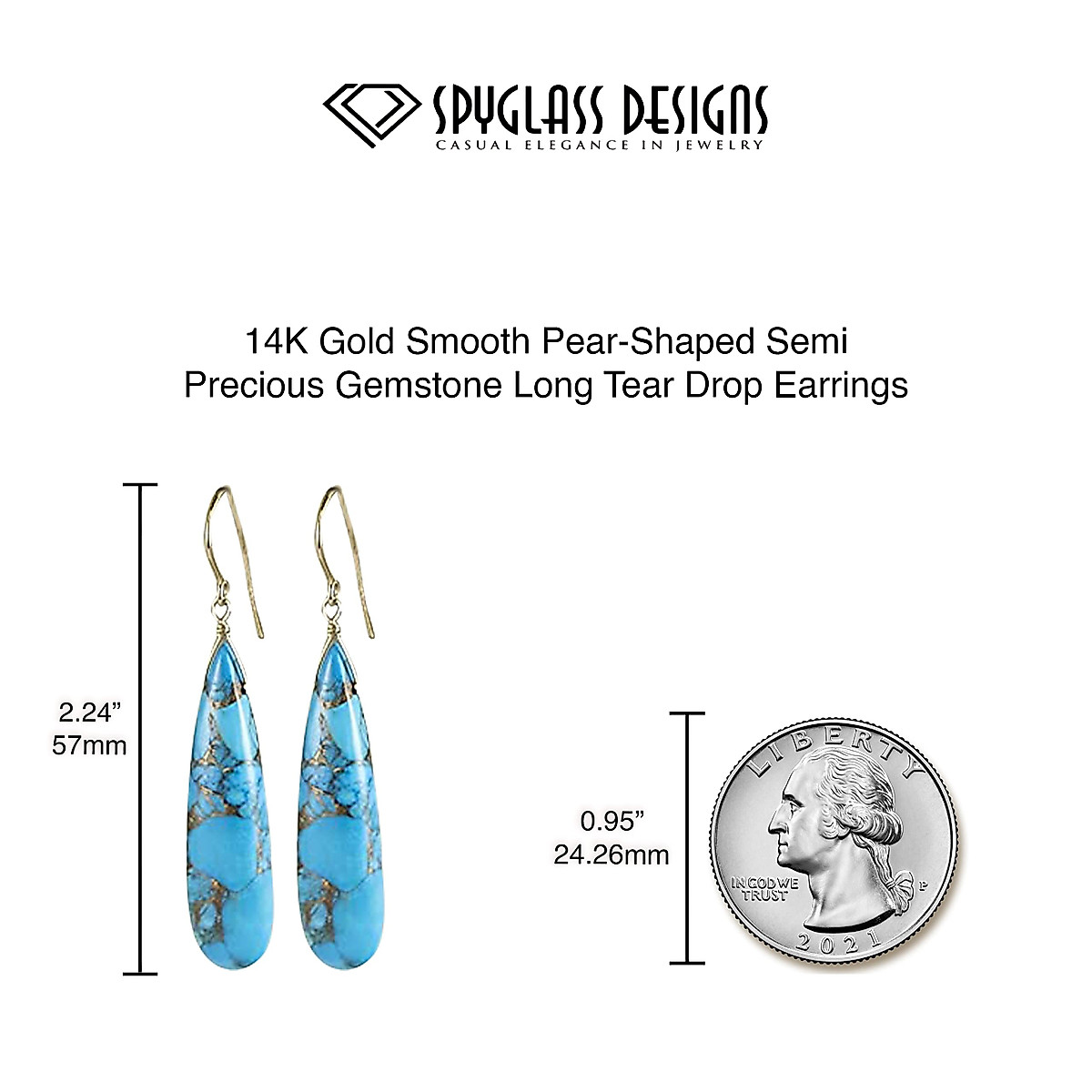 14K Yellow Gold Blue Turquoise 2-1.4" Earrings with Coppery Mosaic Veining Long Large Simple Dangle Drops