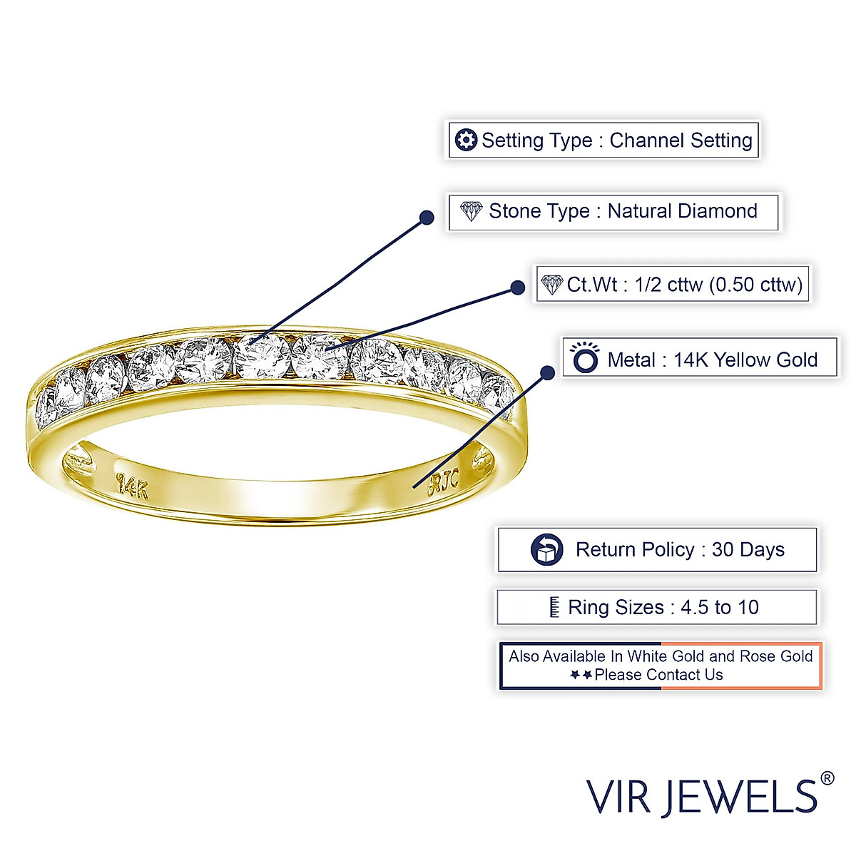 Vir Jewels 1/2 carat (ctw) Diamond Wedding Anniversary Band for Women, Half Eternity Round Diamond Engagement Ring 14K Yellow Gold Channel Set 0.50 cttw, Size 5