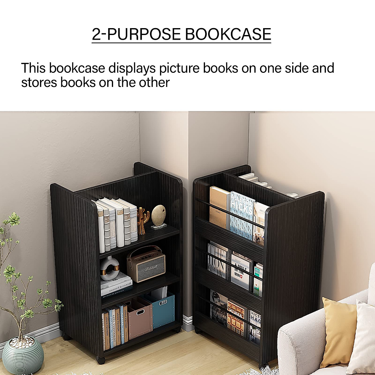 3-Tier Bookshelf, Book Storage Organization with Wheels Mobile Rolling Bookshelves Cart for Home Office Kids’ Study Room School, Double Sided Open Bookshelf with Wheel, Black