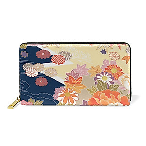 Traditional Kimono Pattern Asian Japanese Chinese Floral Flowers Leather Long Wallet Organizer with Zipper Purse Clutch Bag for Women Men Key Card Coin Passport Checkbook