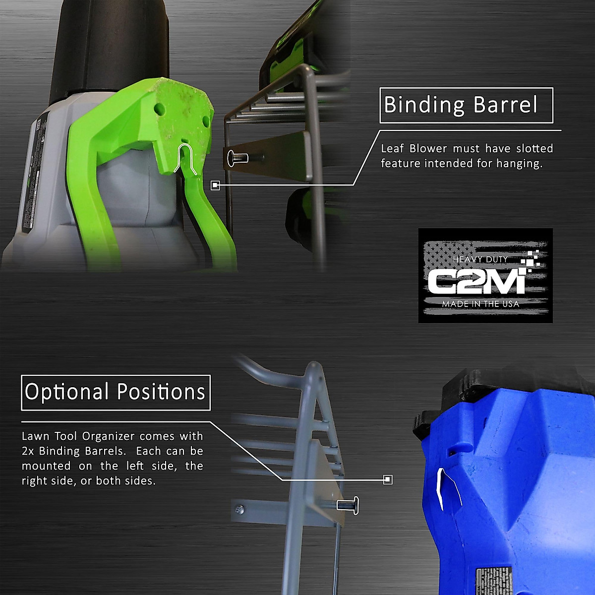 C2M Lawn Power Tool Organizer Wall Mount Rack Hanger for Leaf Blower and Weed Eater - Grey