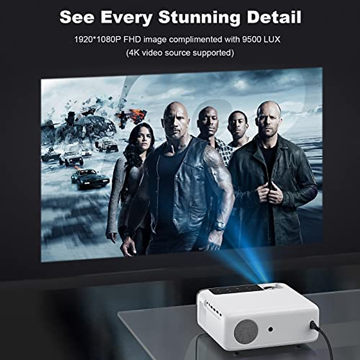 GROVIEW Smart Projector 4K Supported - 9500 Lux 1080P FHD Outdoor Movie Projector with WiFi Bluetooth, APP Control, 4D Correction, AndroidTV 9.0, Office-Software, Portable Projector for Home Theater