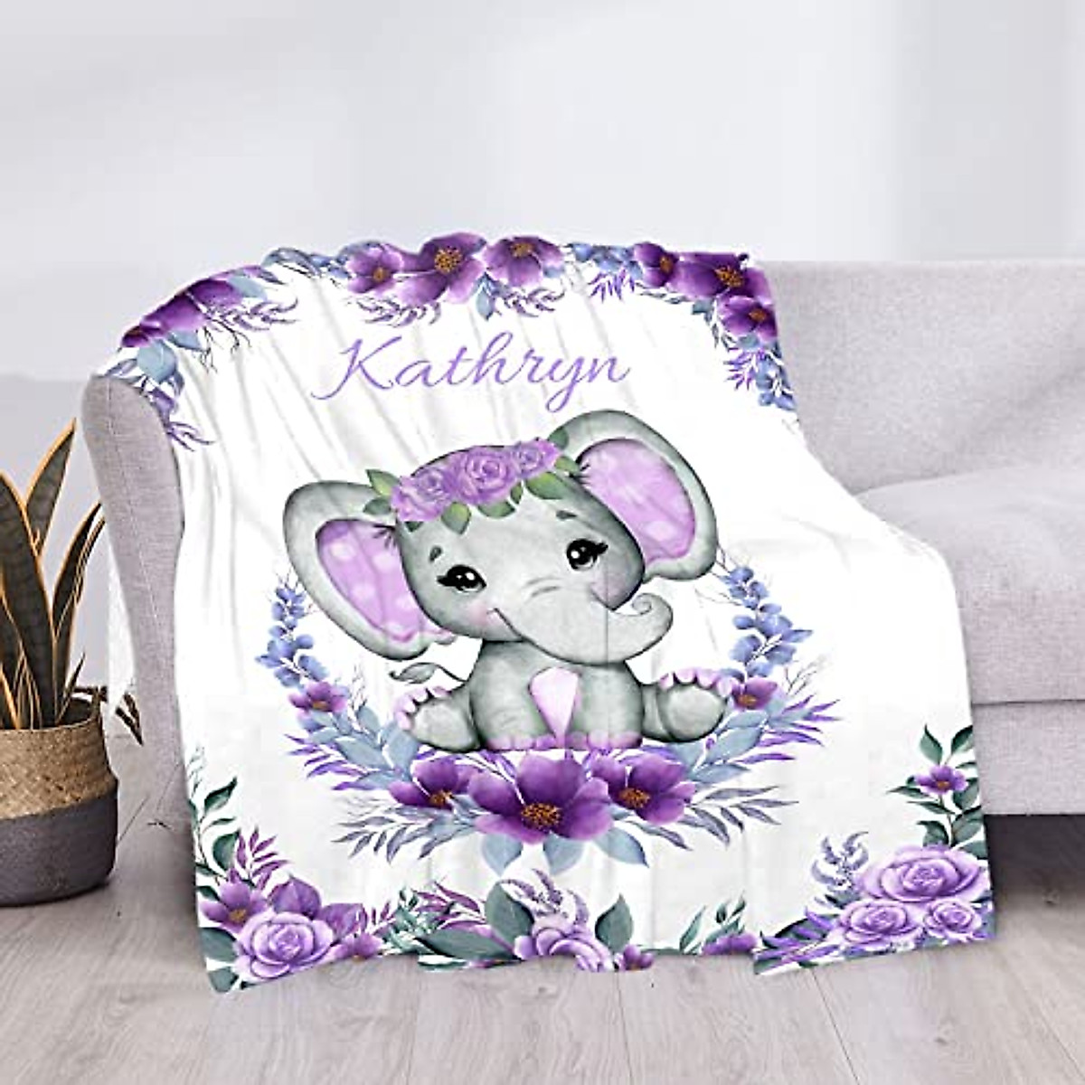 Abhibhu Elephant Purple Floral Custom Baby Blanket, Soft Cozy Fleece, XS for Babies, Personalized Name Blanket Gifts for Newborn Baby Shower