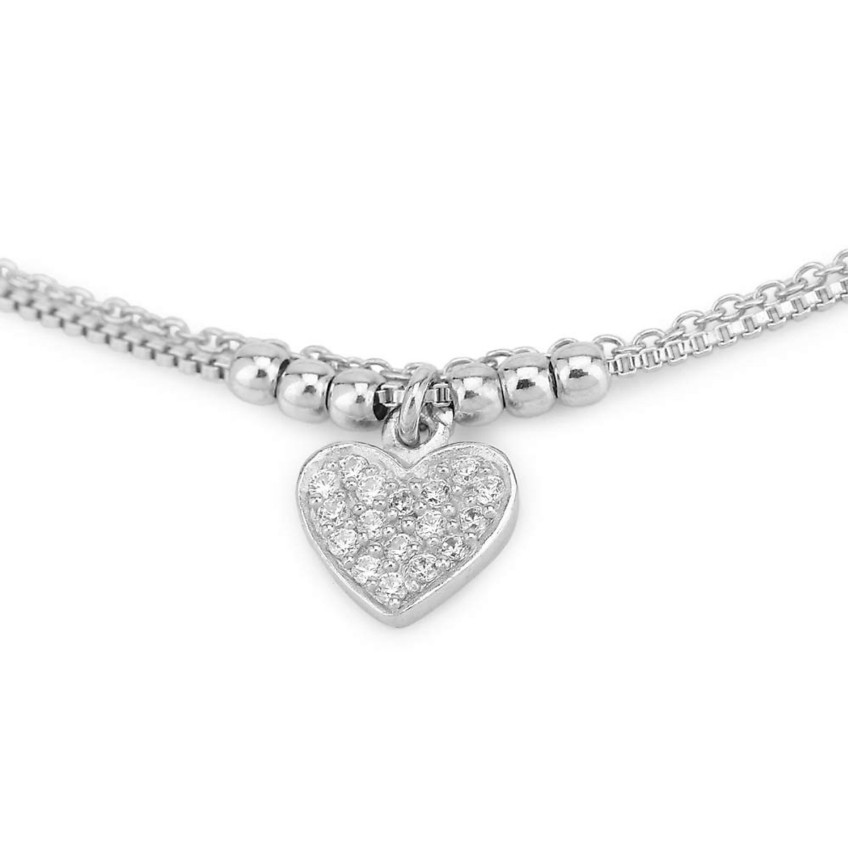 Vanbelle Rhodium Plated 925 Sterling Silver Double Layered Beaded Chain with Dangling Heart Charm & Cubic Zirconia Stones Bracelet for Women and Girls