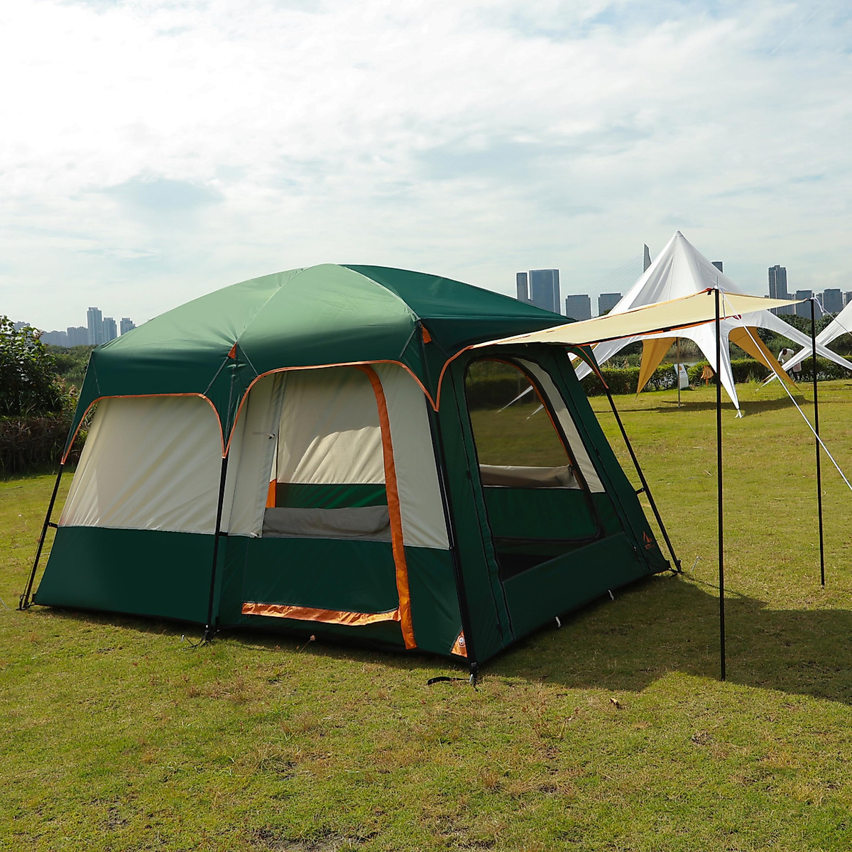 KTT Large Tent 6 Person,Family Cabin Tents,Straight Wall,3 Doors and 3 Windows with Mesh,Waterproof,Big Tent for Outdoor,Picnic,Camping,Family,Friends Gathering(Green)