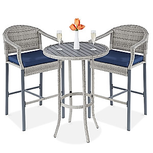 Best Choice Products 3-Piece Patio Bar Table Set, Outdoor Wicker Bar Height Bistro Furniture for Backyard, Poolside, Balcony w/Barstools, Cushions, Steel Frame – Gray/Blue