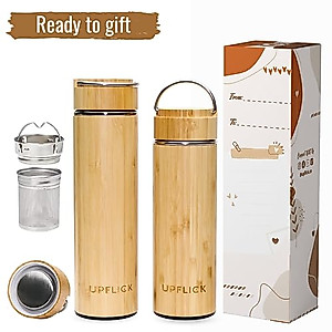 UPFLICK Bamboo Tea Tumbler Set of 2 Insulated Water Bottle with Tea Infuser Coffee Thermos Stainless Steel Vacuum Carafe Gifts for Women Birthday Unique Couple Gift (Pack of 2)