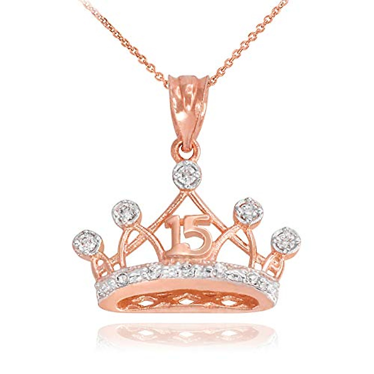 Sideways Crosses 10k Rose Gold Sweet 15 Años Quinceanera Crown Pendant Necklace with Cubic Zirconia, 18"