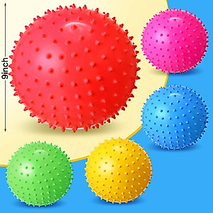 10 Packs Knobby Balls 9 Inches Sensory Balls Fun Bouncy Balls Spiky Toy Balls Inflatable Outdoor Ball Rubber Massage Stress Balls with Hand Air Pump for Party Favors Stocking Stuffers, 5 Colors