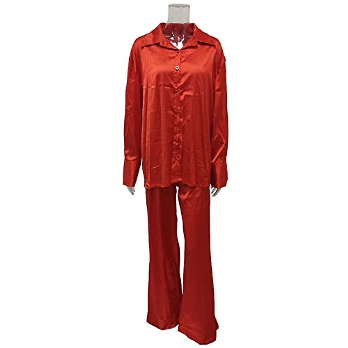 Satin Two Piece Outfits for Women - Silk Long Sleeve Button Down Wide Leg Loungewear Pajama Set Fashion Streetwear Blue