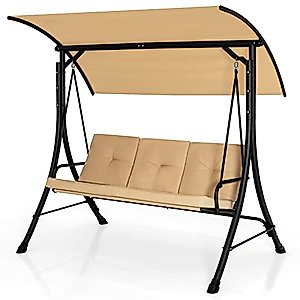 Tangkula 3 Person Porch Swing, Outdoor Swing with Removable Cushions, Solid Steel Structure, Patio Swing with Adjustable Canopy for Garden, Backyard, Balcony, Poolside