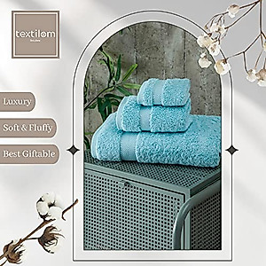 TEXTILOM 100% Turkish Cotton 3 Pcs Bath Towel Set, Luxury Bath Towels for Bathroom, Soft & Absorbent Bathroom Towels Set ( 1 Bath Towel, 1 Hand Towel, 1 Washcloth )- Aqua