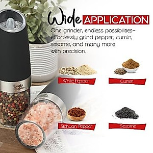 The Koala Kitchen Co. Gravity Electric Salt and Pepper Grinder Set - Stainless Steel Salt and Pepper Shakers Adjustable Coarseness - Blue Light Battery Operated Salt and Pepper Mills, 2 Pack (Black)