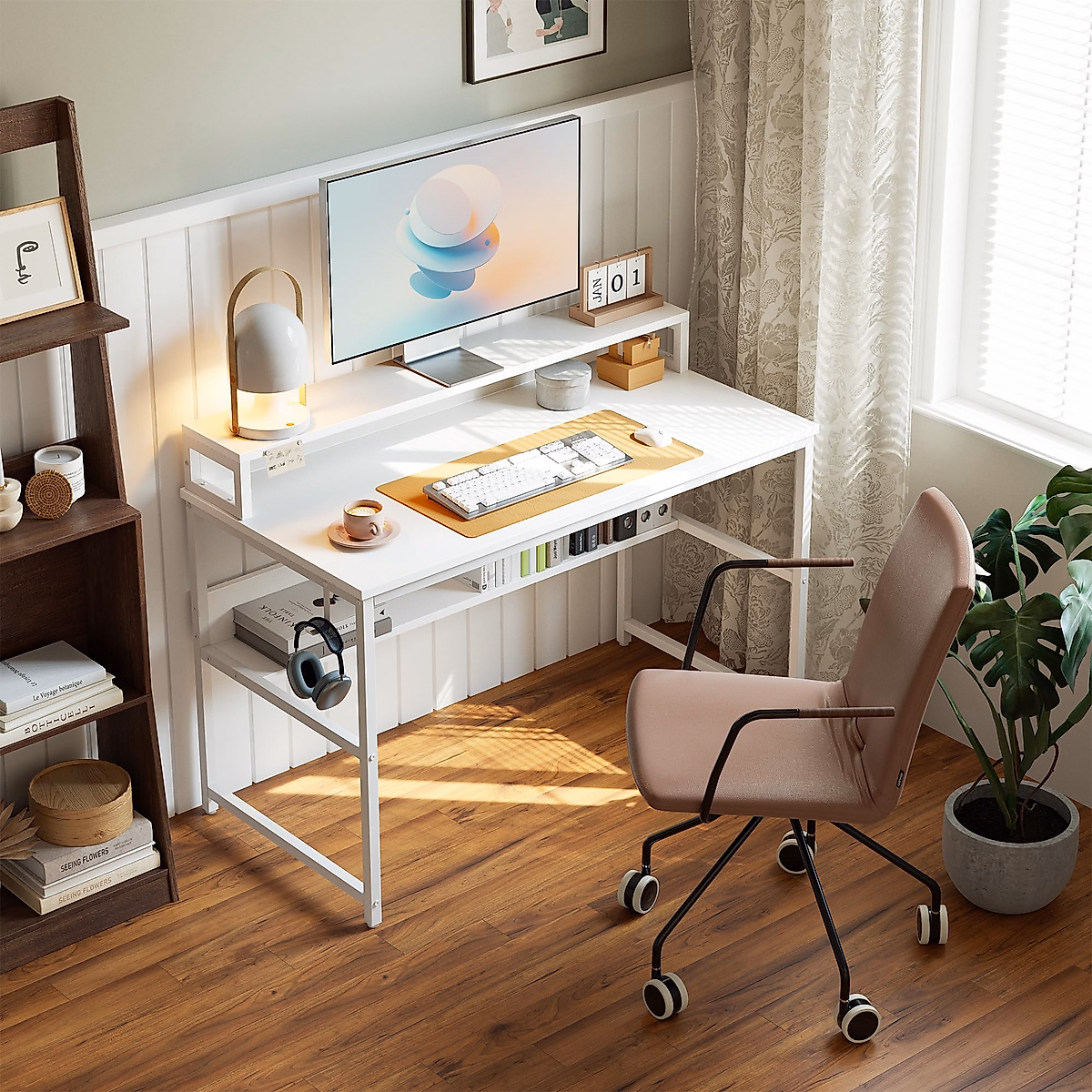 Cubiker 47 Inch Computer Desk with Storage, Home Office Desk with Monitor Stand and Storage Shelves, Modern Study Writing Desk, White