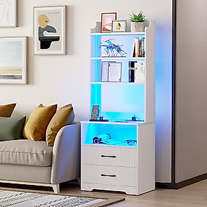 Vlsrka Tall Nightstand with Charging Station, 54" Smart Nightstand with LED Lights, Modern Night Stand with Bookshelf, Bedside Tables with Storage Cabinet for Bedroom, White