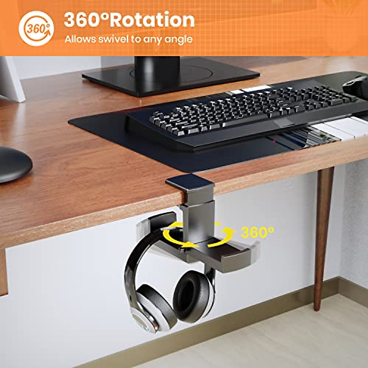 Dual Headphone Stand - Klearlook 2 in 1 360°Rotating Headphone Hook for Desk, Clamp Adjustable Twin Headset Holder Under Desk with Cable Organizer,Headphone Hanger for Gaming Headset,Controller-Black