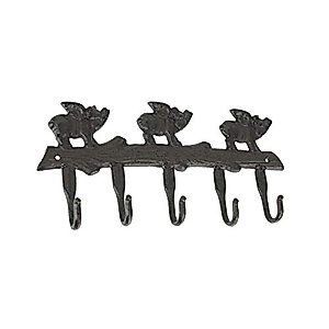 De Leon Collection Rustic Brown Cast Iron Flying Pigs 5 Hook Wall Hanger Coat Rack Country Farmhouse Decor 13.75 Inches Long