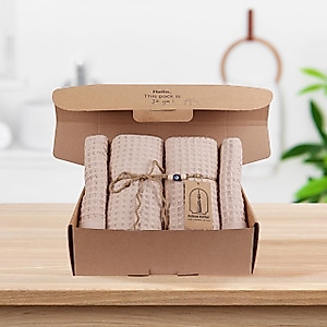 Püskül - 4 Pieces Waffle Towel Sets for Bathroom, Premium Organic Turkish Cotton 2 Hand Towels 2 Bath Towels Set (Beige)