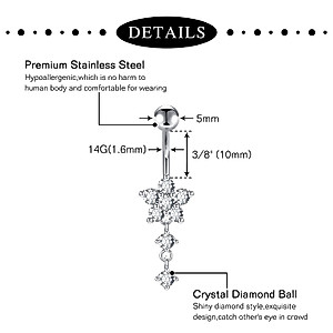 Anicina 14G Belly Button Ring Surgical Steel for Women Silver Navel Butterfly Flower Piercing Jewelry 10mm Curved Barbell Studs