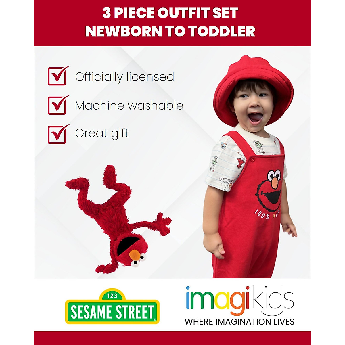Sesame Street Elmo Newborn Baby Boys French Terry Short Overalls T-Shirt and Hat 3 Piece Outfit Set Red/White 0-3 Months