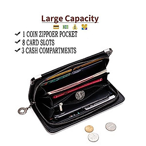 Ecohaso Skull Wallets for Women, Zip Around Goth Wallet Large Capacity Long Purse Credit Card Clutch Wristlet for Women (A-Black)