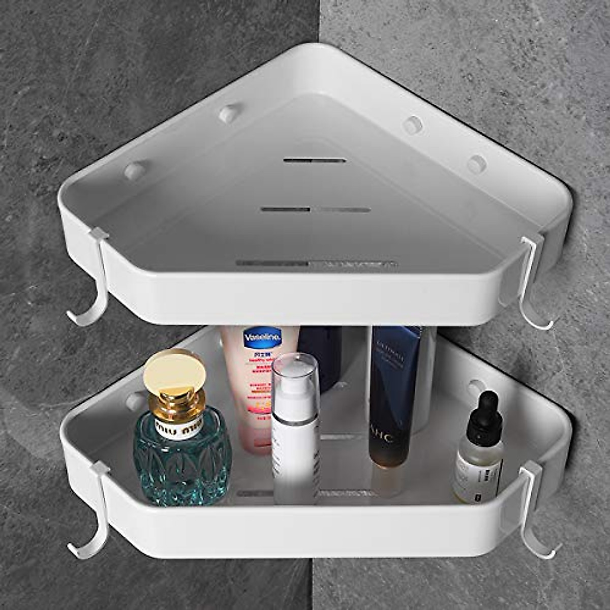 JYL HOME Corner Shower Caddy Bathroom Kitchen Storage Organizer with Hooks Wall Mounted Heavy Duty Aluminum, 2-Pack, White