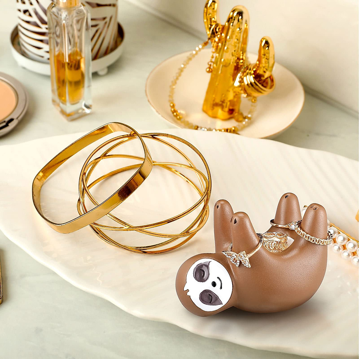 Amyhill 2 Pcs Sloth Ring Holder - Cute Jewelry Stand for Earrings, Necklaces - Decorative Art Ring Bowl for Counter, Desk, Night Stand