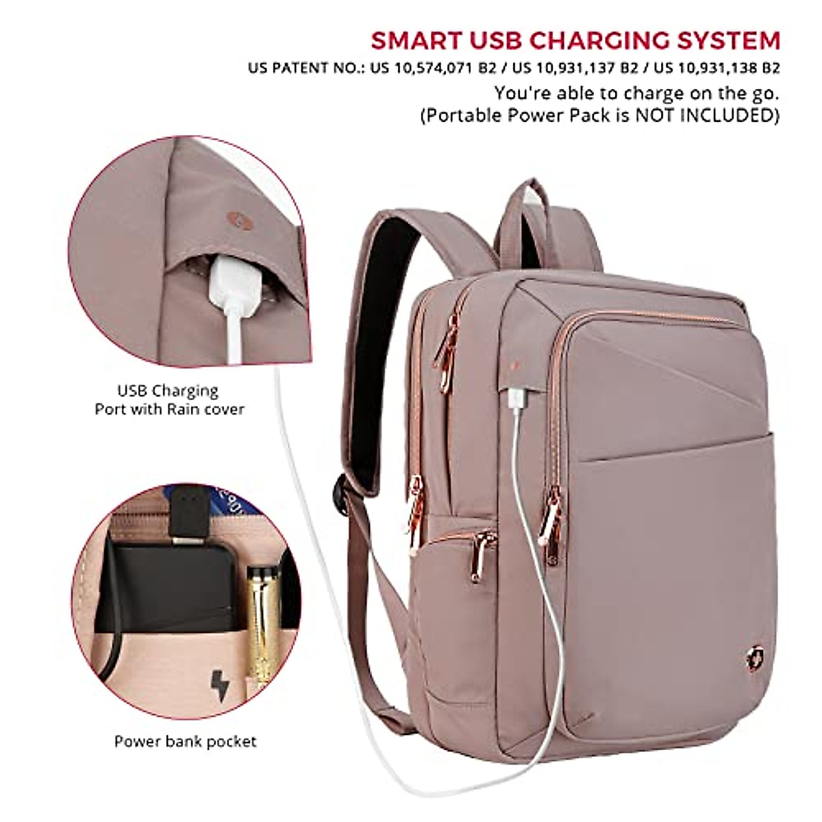 Swissdigital Design Katy Rose Laptop Backpack For Women，College Bookbags With USB Charging Port，Large Capacity Computer Backpacks For Work Business Lotus (SD1006F-82)