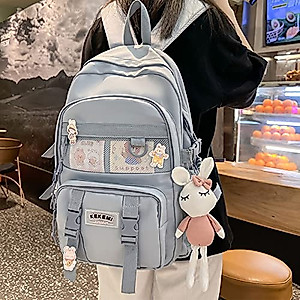 KOWVOWZ Kawaii Backpack for Teen Girls Aesthetic Student Bookbags with Cute pin and rabbit pendant harajuku school nylon waterproof (blue)