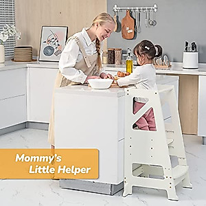 Toddler Kitchen Stool Helper - Toddler Tower with Message Boards & Safty Rail, Adjustable Height Kids Kitchen Step Stool, Chalkboard and Whiteboard, Anti-Slip Protection,Wooden Toddler counter (White)