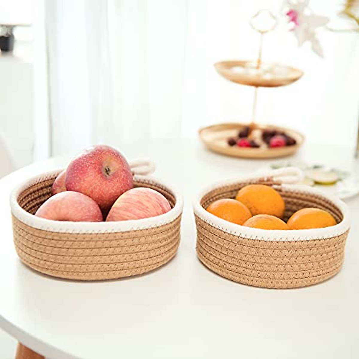 LLixinJu Small Basket Small Baskets for Organizing Small Rope Basket Small Woven Basket Set of 2 Key Basket Round Mini Storage Bins for Bathroom Desk Organizer Gifts, XS Brown